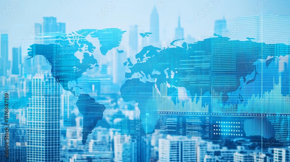 Global market shift concept. Digital world map overlaying a city ...