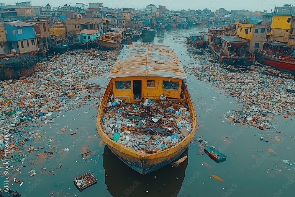 A yellow boat overflowing with plastic waste sits in a polluted ...