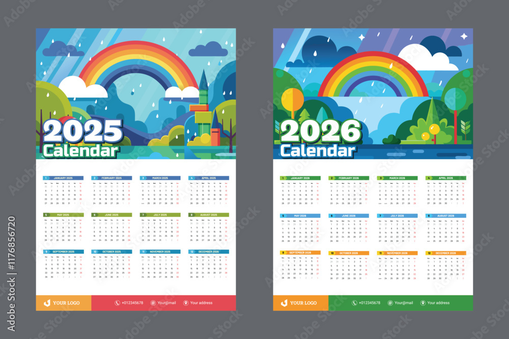 one page calendar design for 2025 and 2026 with sunny days rainbow ...