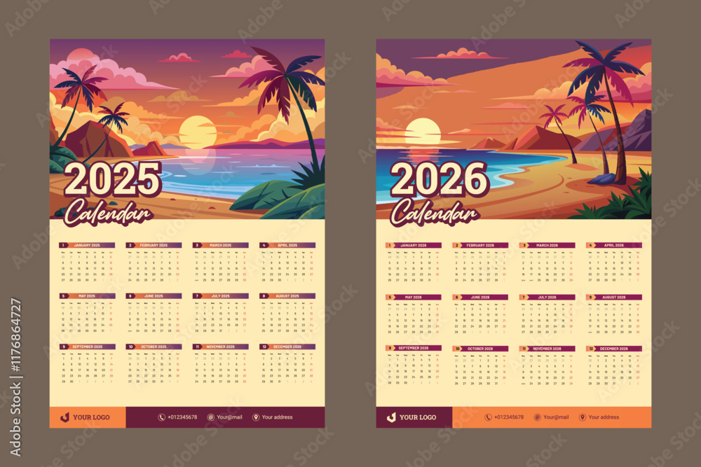 wall calendar design for 2025 and 2026 with sunset on the beach scenery ...