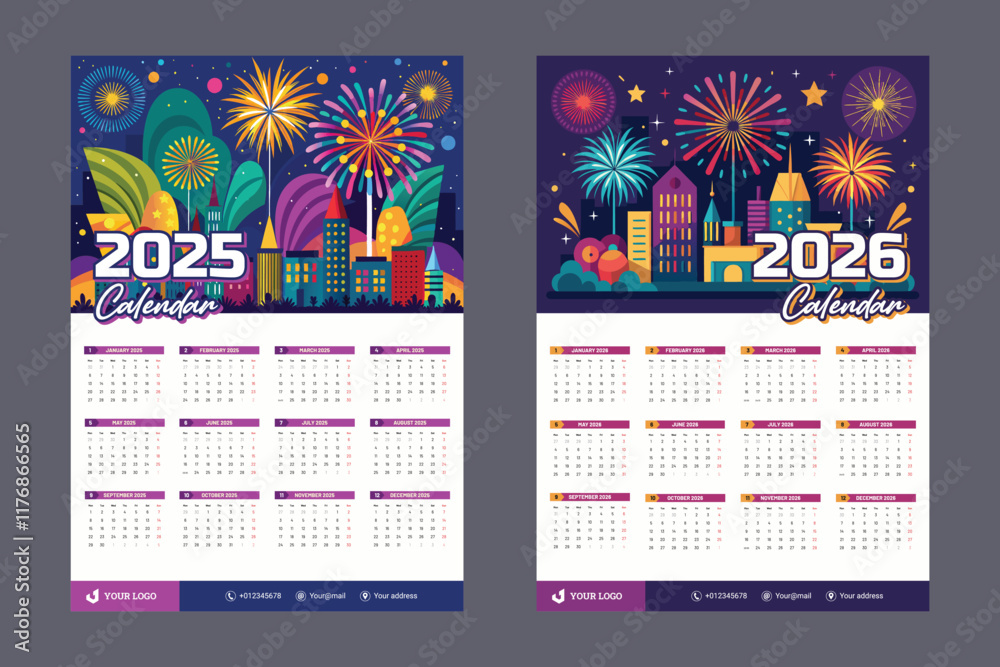 vertical wall calendar design for 2025 and 2026 with fireworks ...