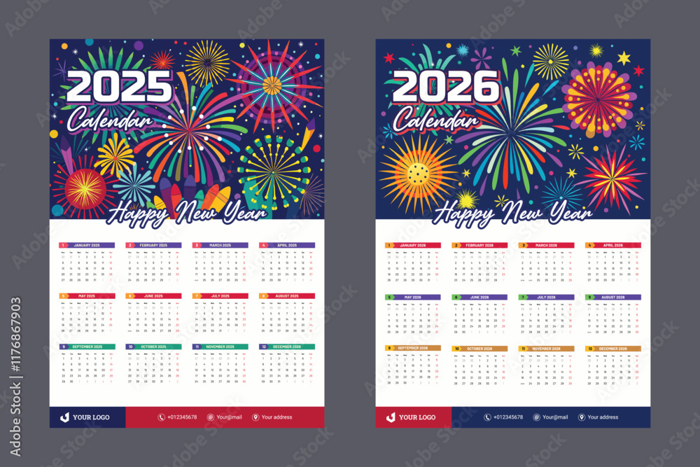 one page wall calendar design for 2025 and 2026 with colorful fireworks ...