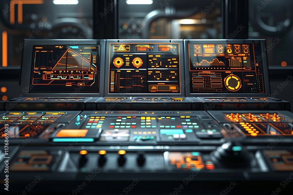 Image shows a futuristic control panel with multiple digital displays showing graphs, data, and ...