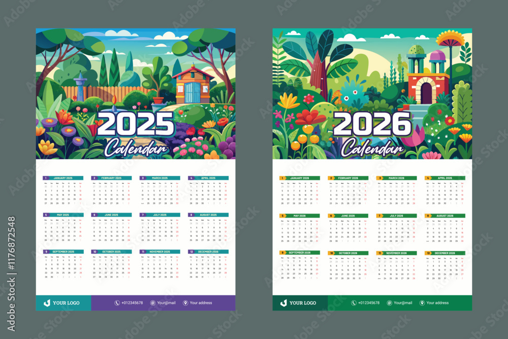 one page calendar design for 2025 and 2026 with hill mountain ...