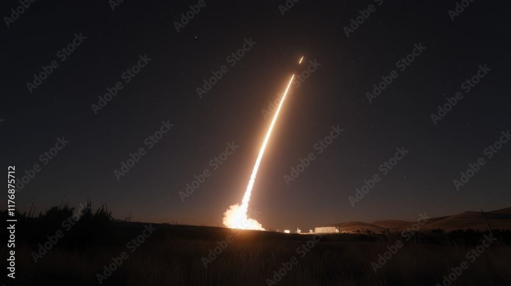 rocket launches into night sky, leaving bright trail of light against ...