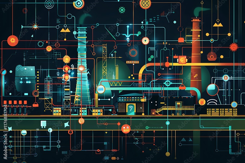 An illustration depicting a futuristic smart factory with ...