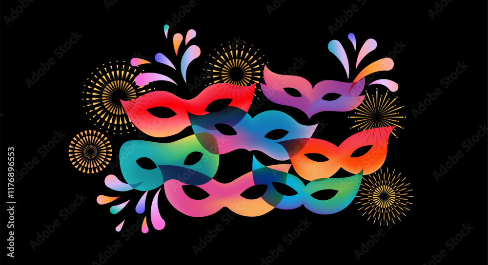 Carnival banner with colorful masks and fireworks. Modern vector ...