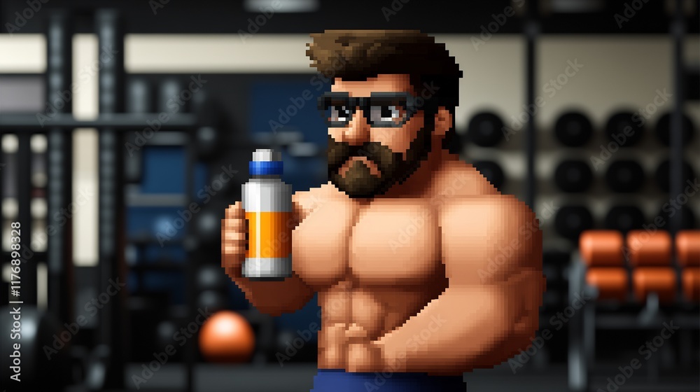 Pixel Art Bodybuilder: A Muscular Man in the Gym with Protein Shake ...