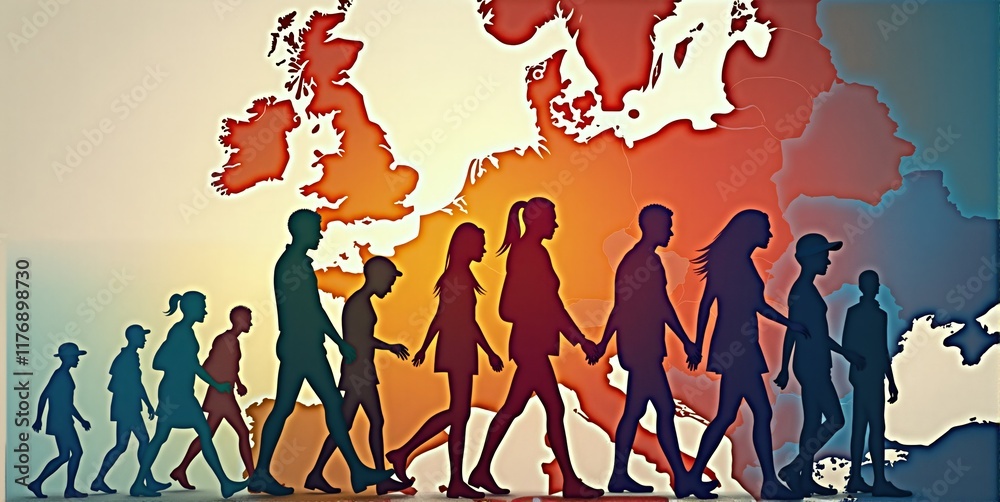 Diverse people traverse a world map, depicting global migration due to ...