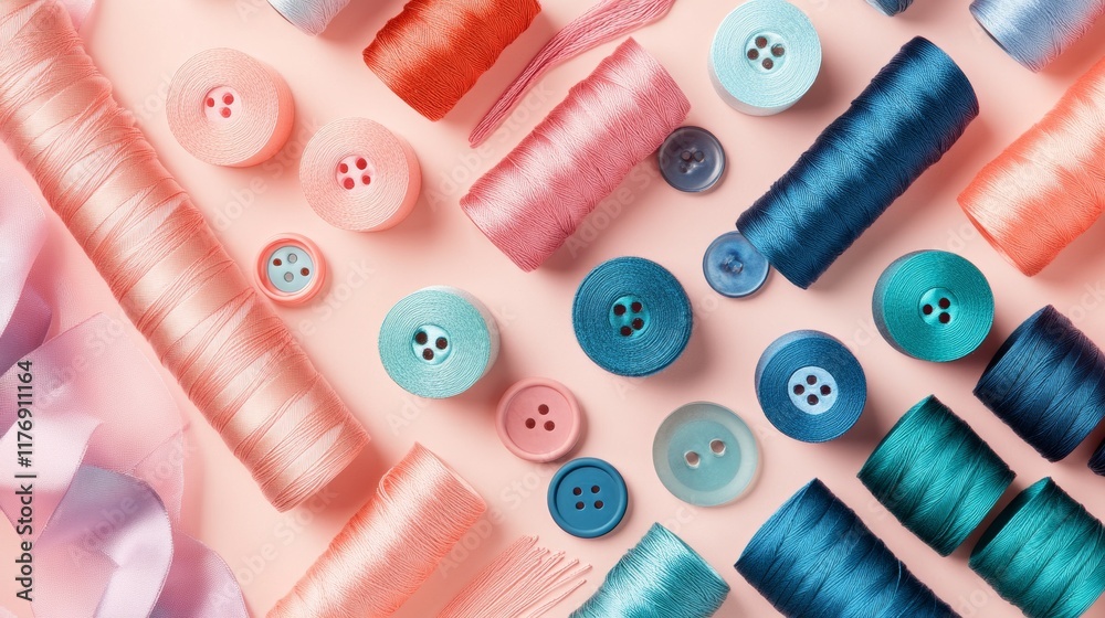 colorful thread collection, pastel pink backdrop, teal navy powder blue ...
