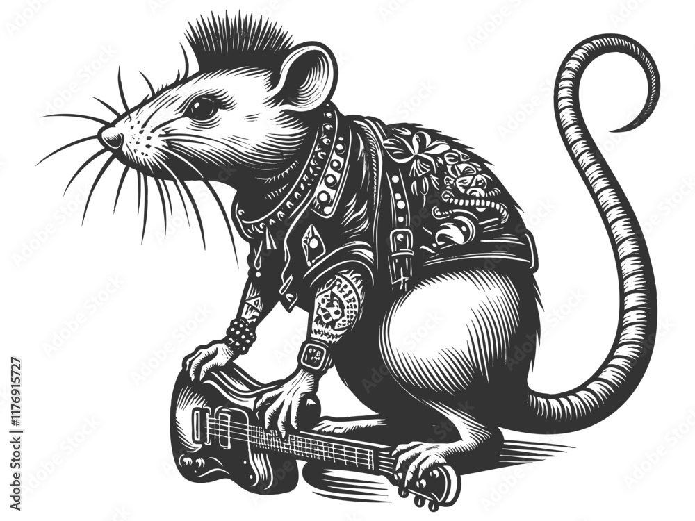 punk rat with a mohawk, piercings, and tattoos, wearing a leather ...
