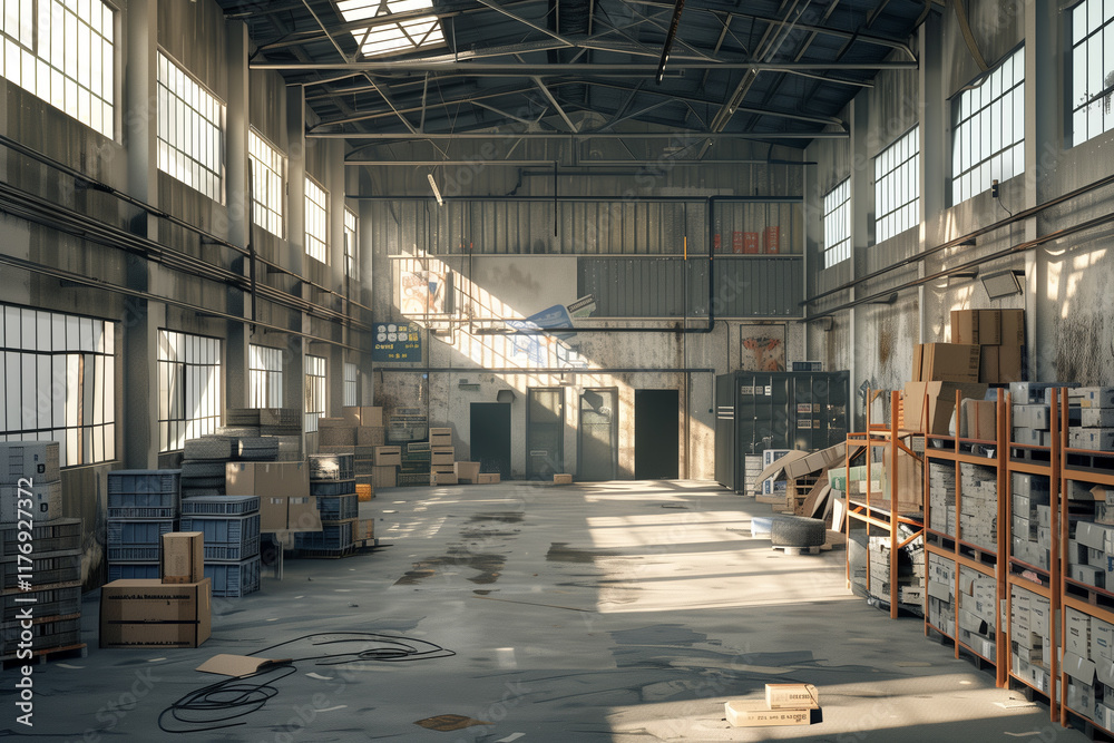 Warehouse logistics organization with pallets, spacious industrial ...