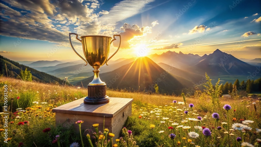 Majestic Mountain Landscape with Trophy on Podium - Achievement Award ...