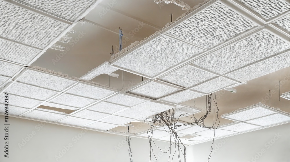 Damaged suspended ceiling tiles exposing electrical wiring and concrete ...
