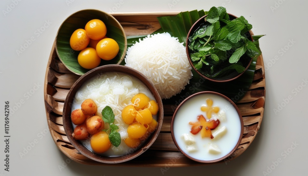 Traditional Vietnamese Breakfast Combo Featuring Xoi Rice, Eggs, Herbs ...