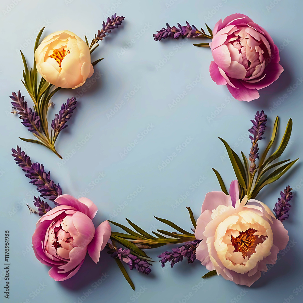 Beautiful floral frame with peonies and lavender on a light blue ...
