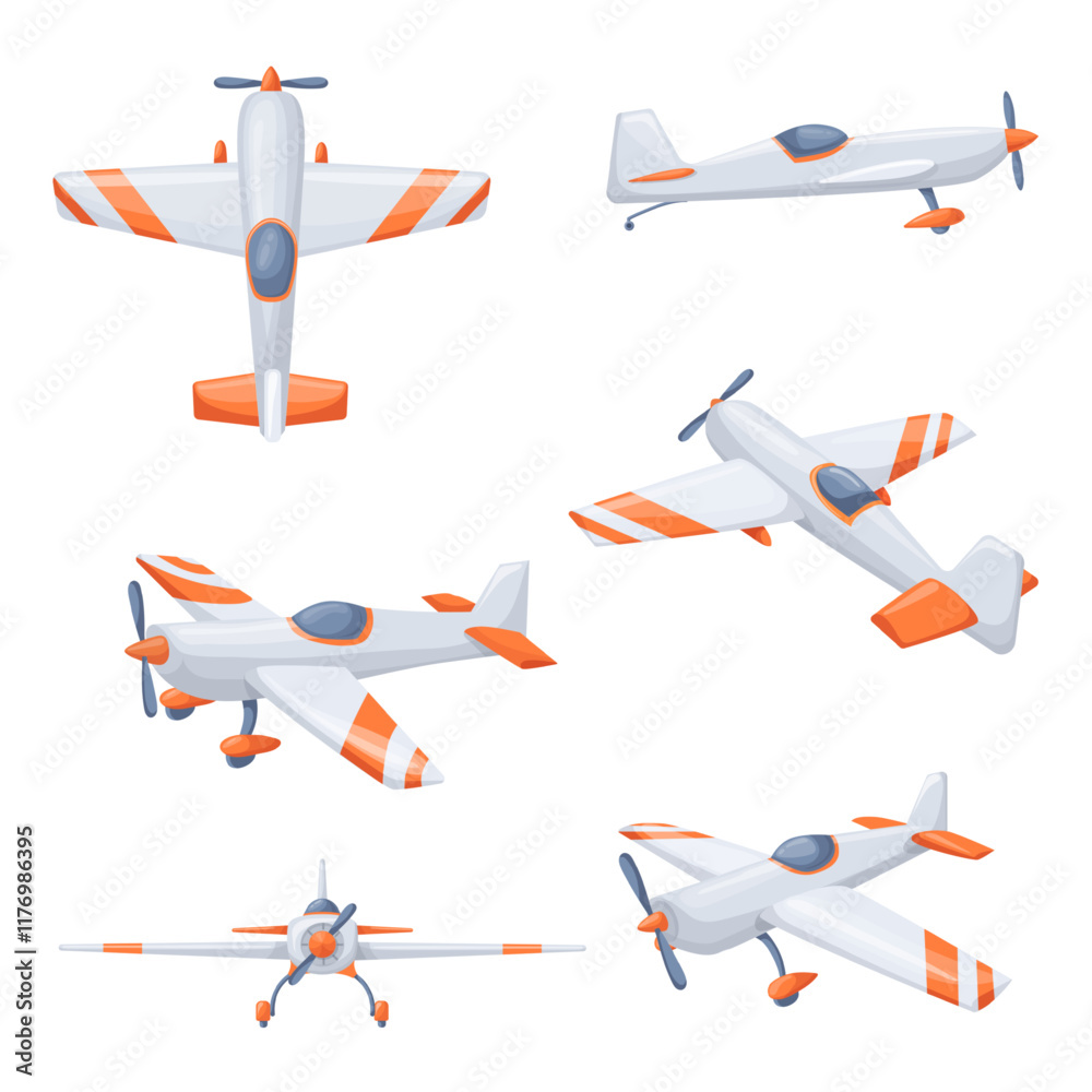 Cartoon propeller planes. Farm airplane front side top view, small ...