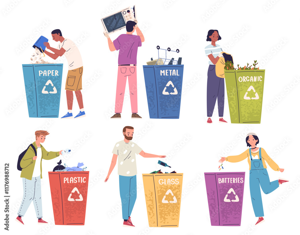 People sorting trash. Man woman throw out garbage in recycling bins ...