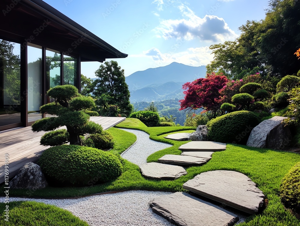 Quiet zen backyard with raked gravel, neat stone paths, and flowering ...