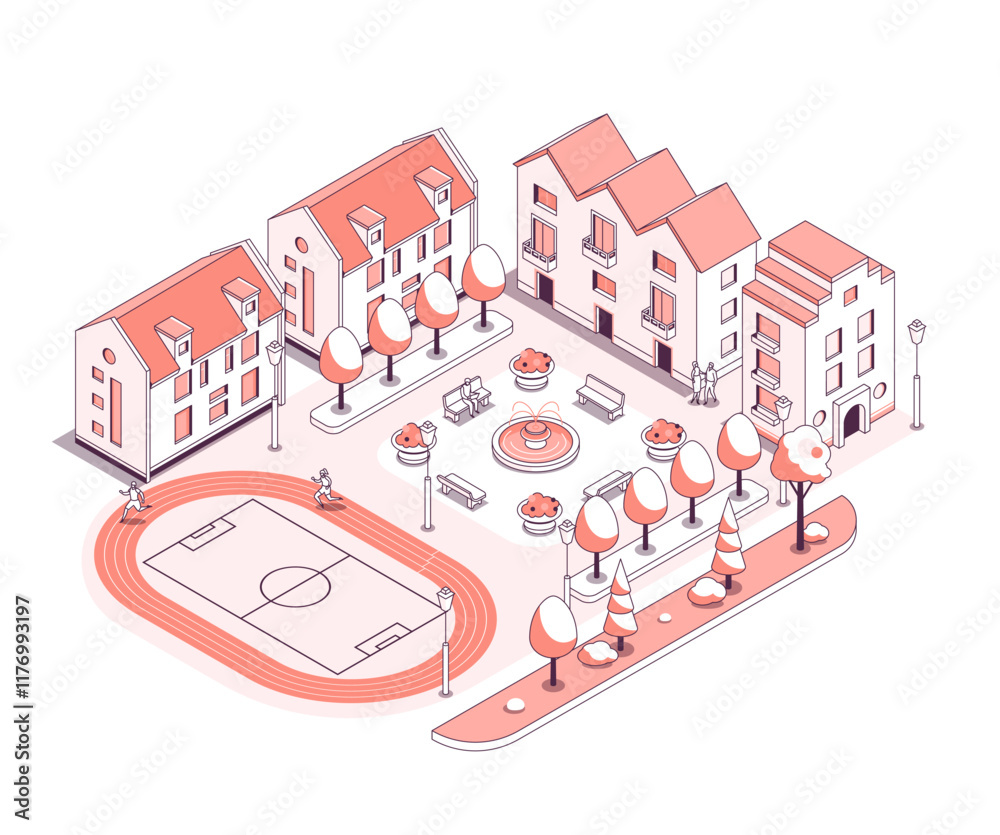 Sports stadium in the courtyard area - vector isometric illustration ...