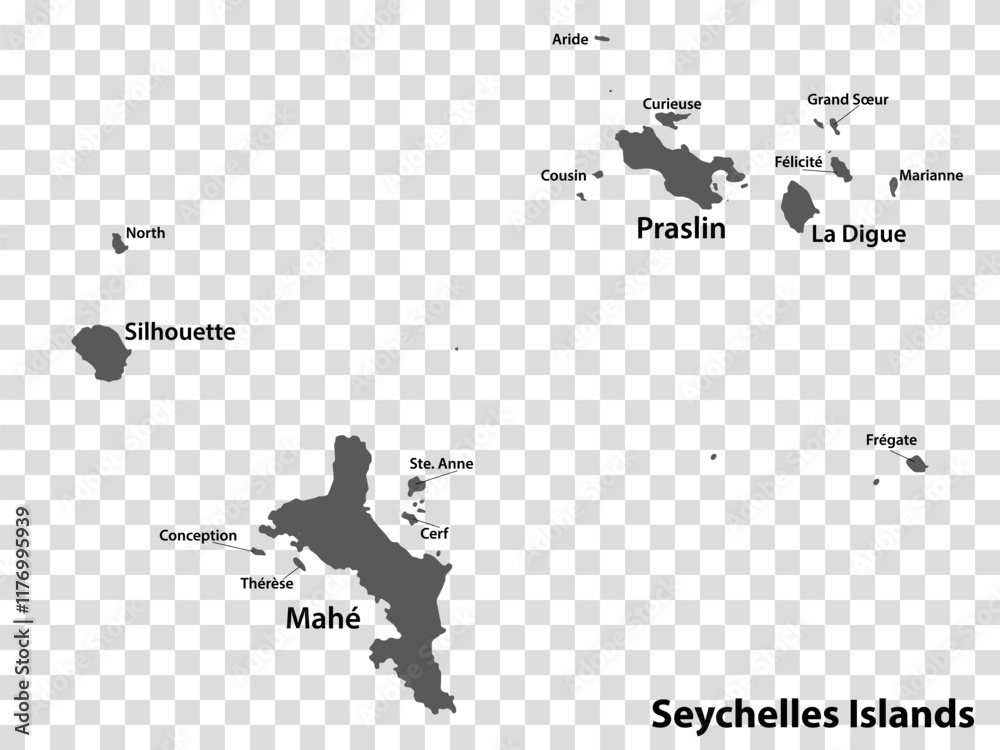 Blank map Seychelles Islands in gray. Every Island map is with titles ...