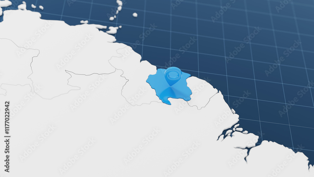 Blue Suriname 3d map with pointer pin surrounded with other countries ...