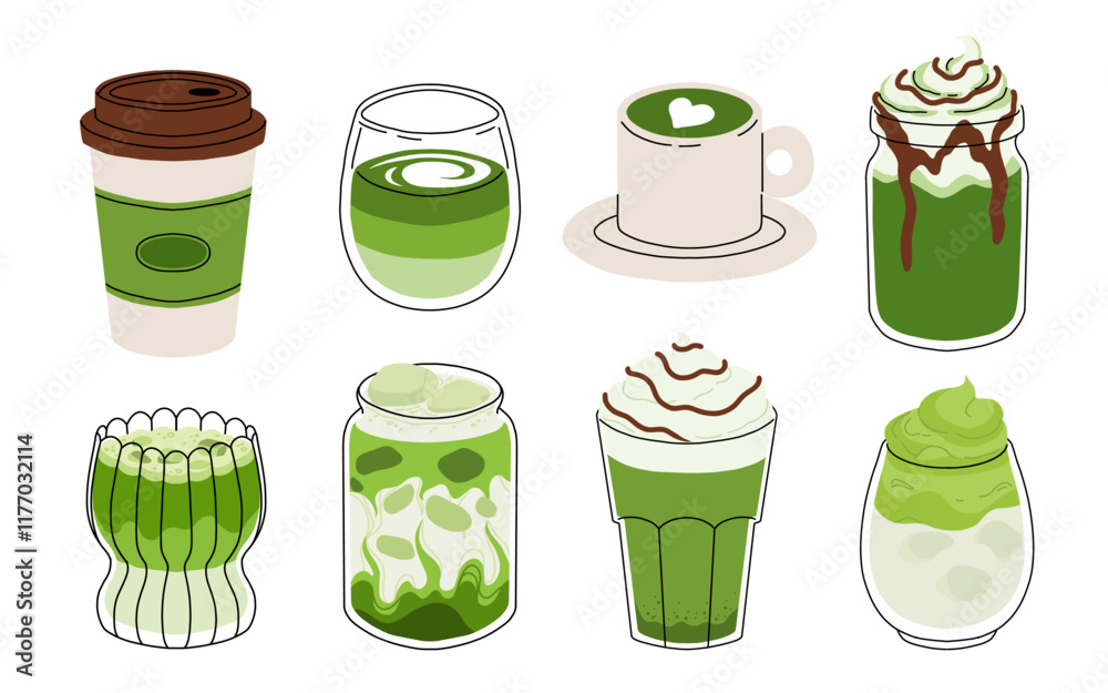 Set of Japan matcha latte. Collection of matcha drinks with latte art ...