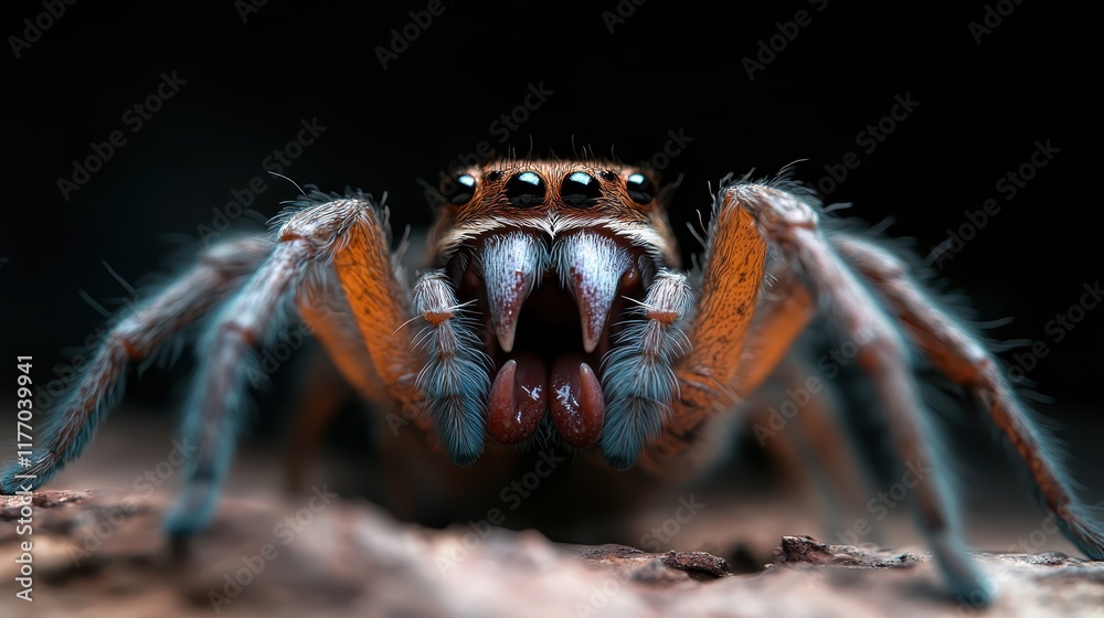 An enlarged view of a spider emphasizes anatomical details, focusing on ...