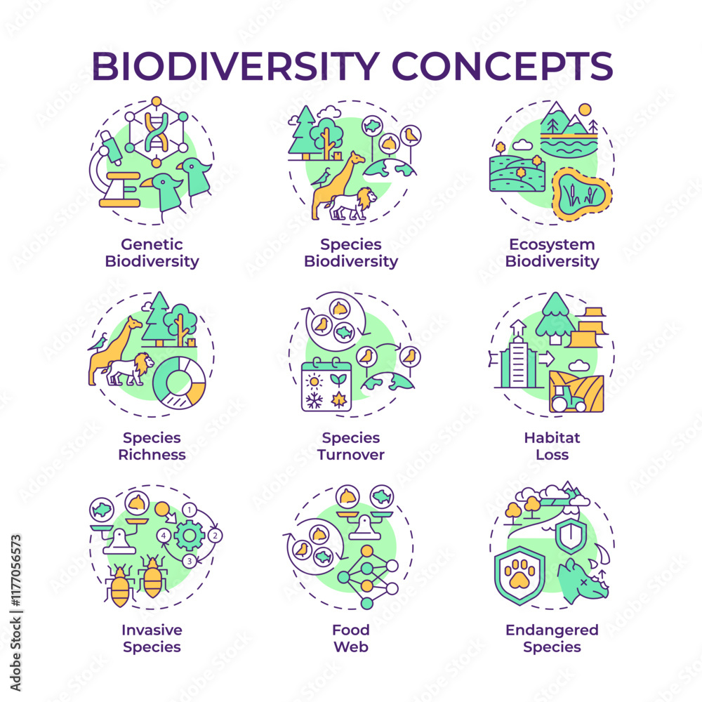Biodiversity multi color concept icons. Ecological balance. Habitat ...
