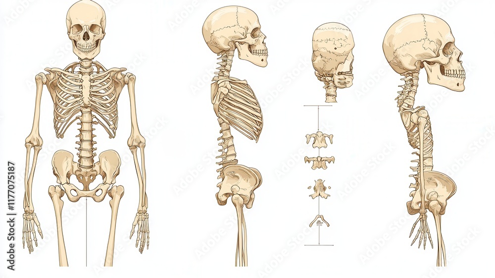 Detailed Human Skeleton Anatomy Illustration Anterior Lateral and ...