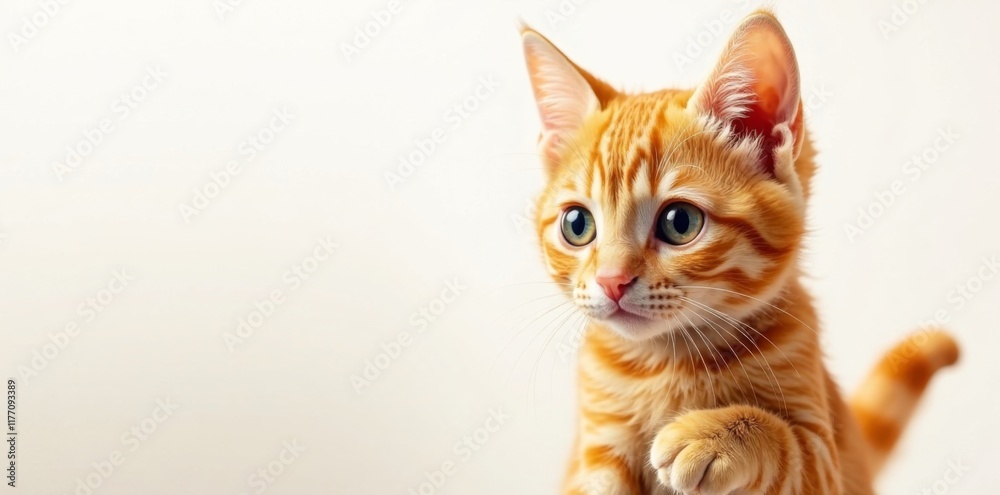 Red house cat face in profile with one paw raised and green eyes facing ...