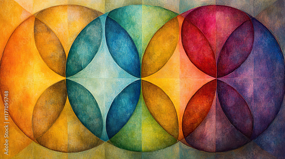 Abstract design with interlocking circular shapes in warm and cool ...