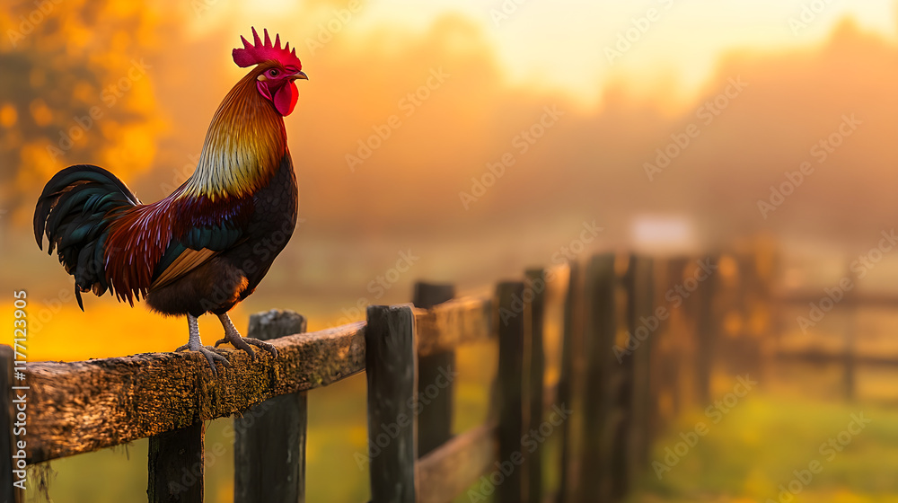 Rooster crowing on a fence. Proud rooster at sunrise. Farm animals and ...