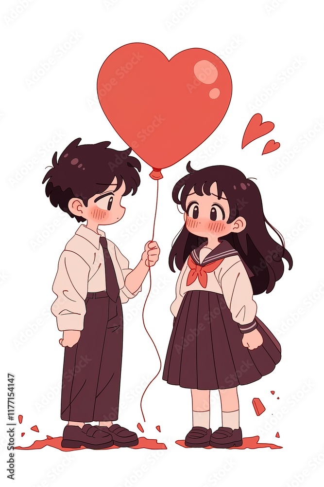 cute anime chibi boy and girl in school uniform, embarrassed on date ...
