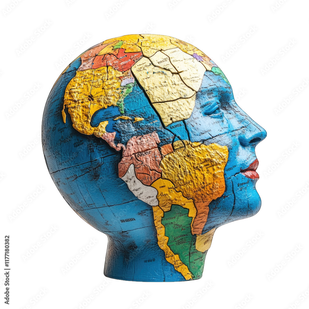 Artistic globe head sculpture representing world geography isolated on ...