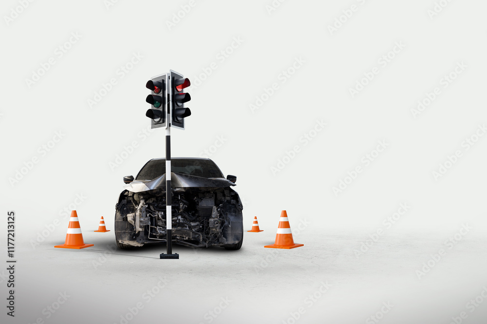 Photo of an White Car hitting a traffic light pole, perfect for ...