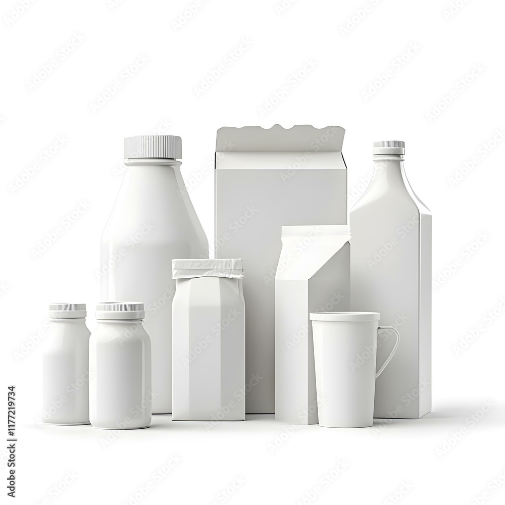 Milk containers in various sizes, White milk containers on a white ...