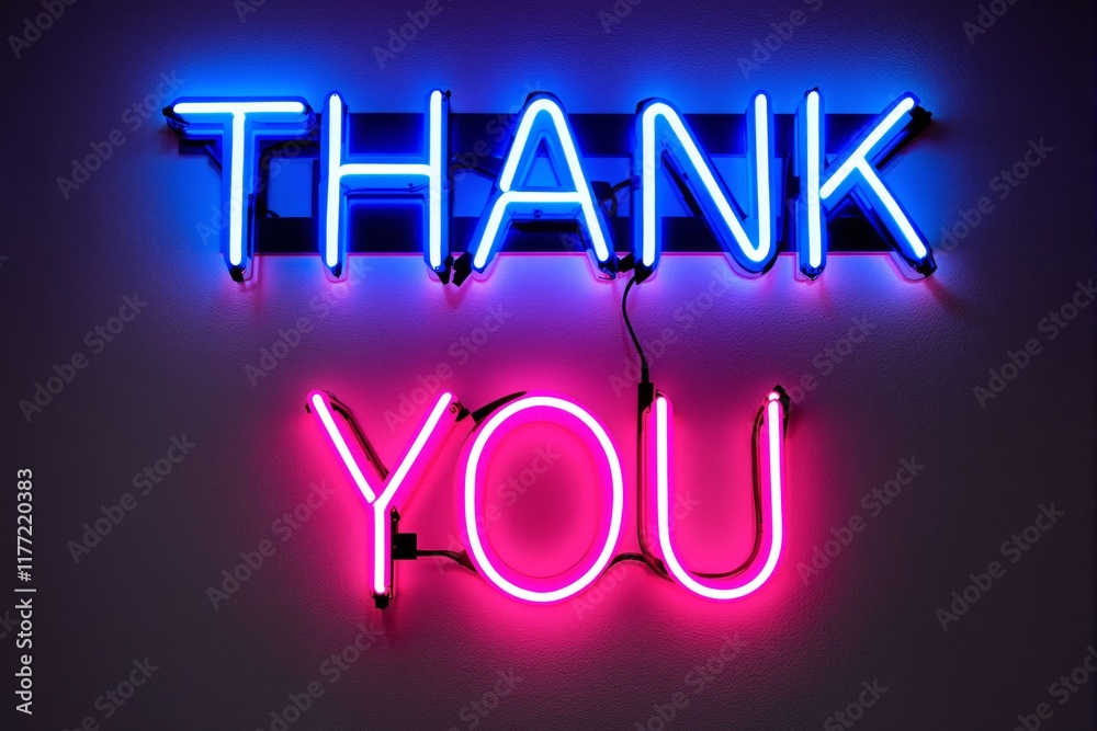 Neon Thank You sign with blue and pink lights, glowing vibrantly on a ...
