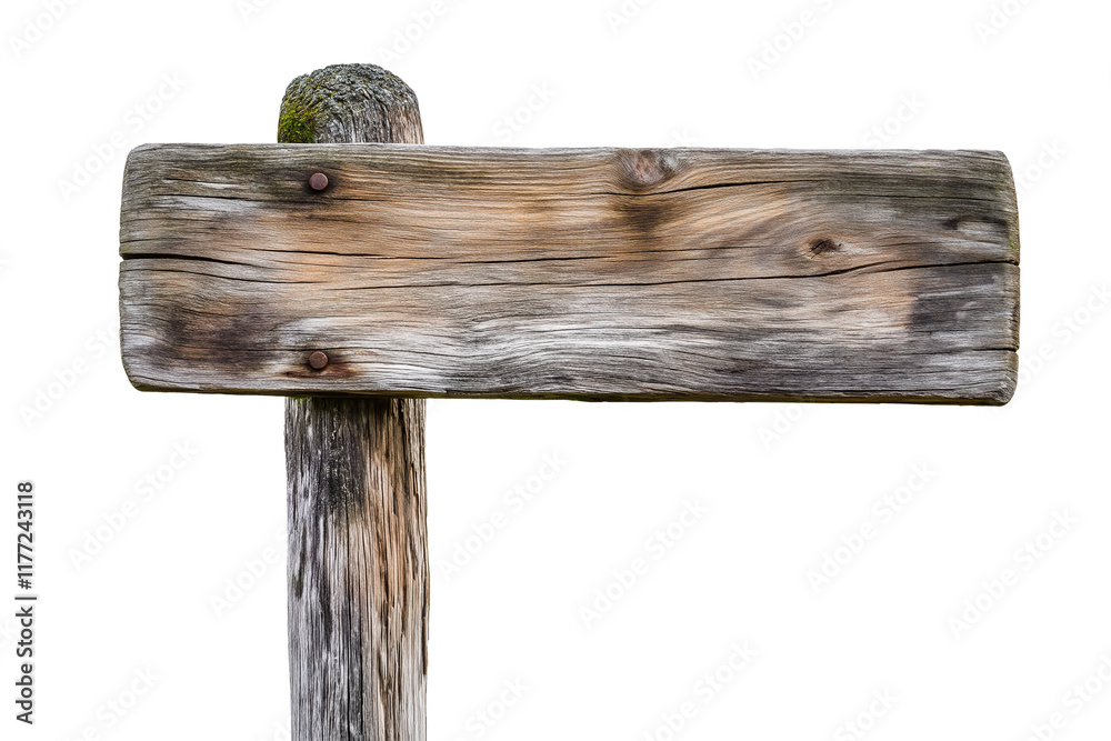 weathered wooden guide board sign board with moss plants, blank ...