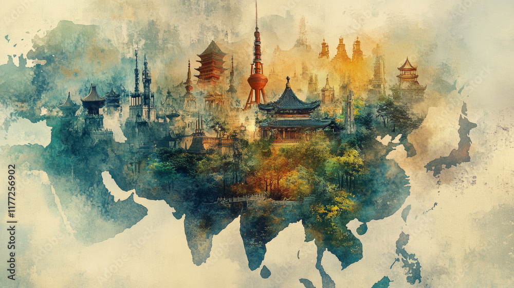 Artistic map of Asia featuring cultural motifs and landmarks, blending ...