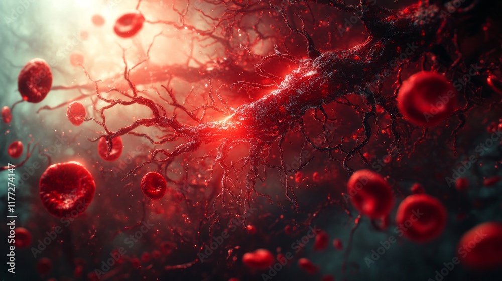 Detailed Microscopic View of Red Blood Cells and Complex Vascular ...