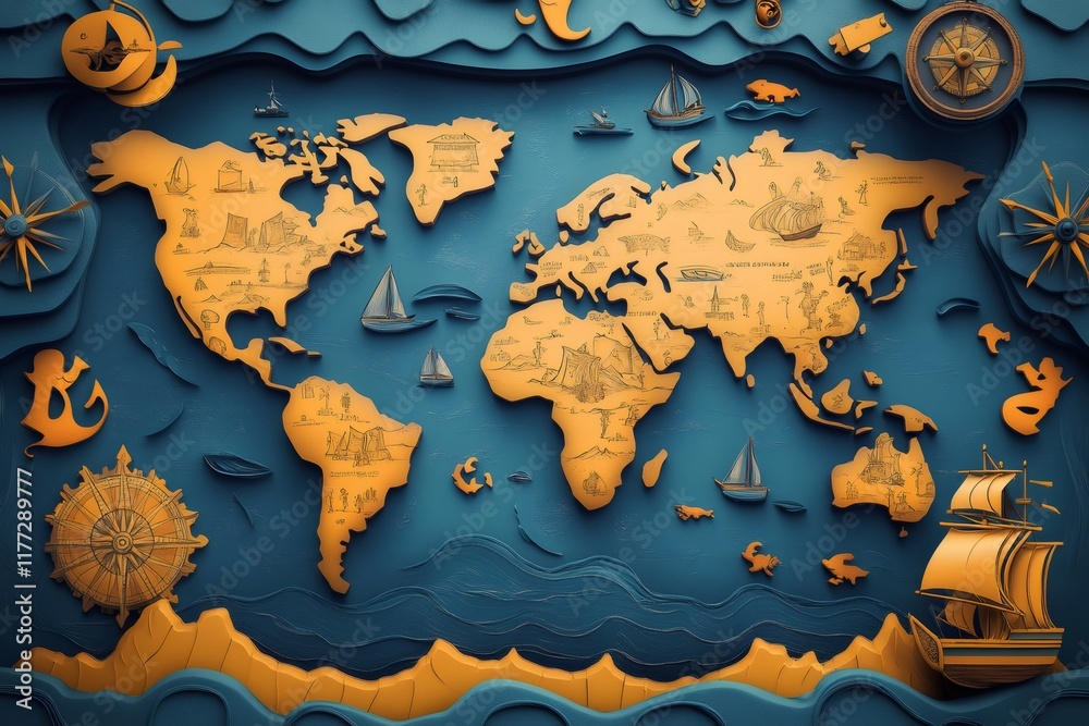 3d world map showing oceans, continents, sailing ships and windroses Stock Illustration | Adobe ...