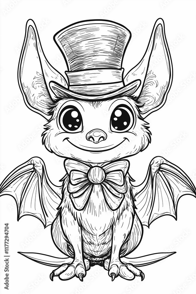 Bat Wearing Top Hat Coloring Page for Kids Stock Illustration | Adobe Stock