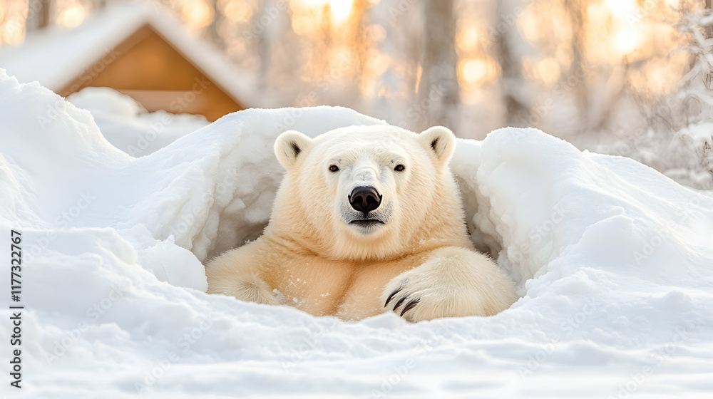 Polar bear resting in snow den, Arctic winter sunset, wildlife ...