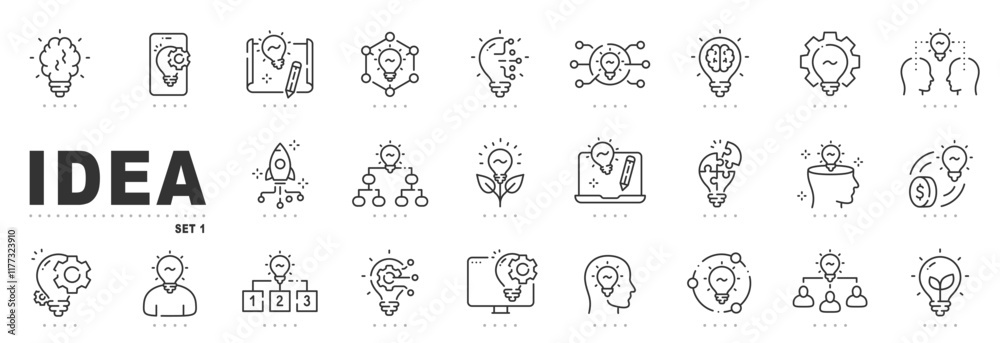 Set of idea related line icons. Creative, lightbulb, brain etc ...