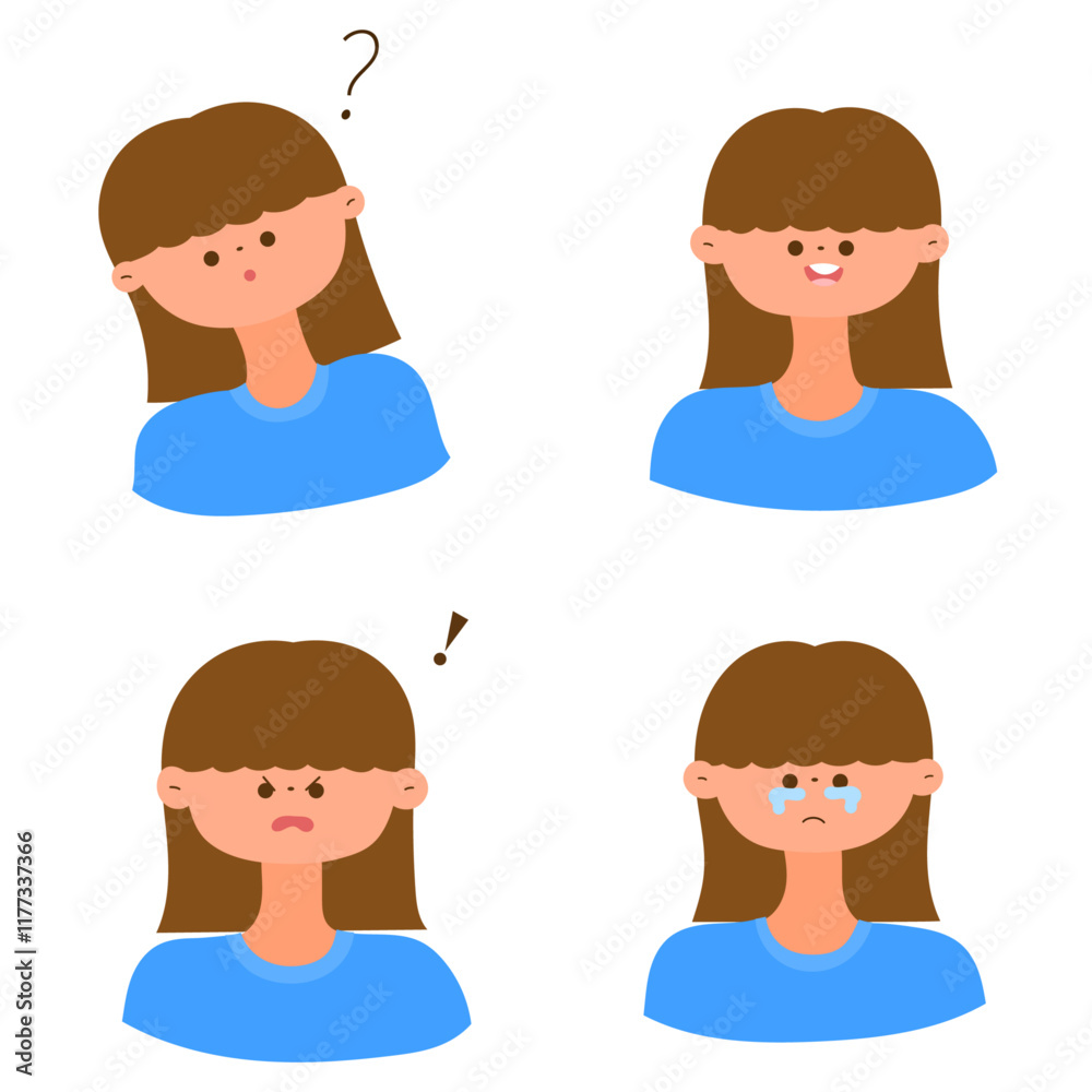 set of cartoon girl facial expressions including confused happy angry ...