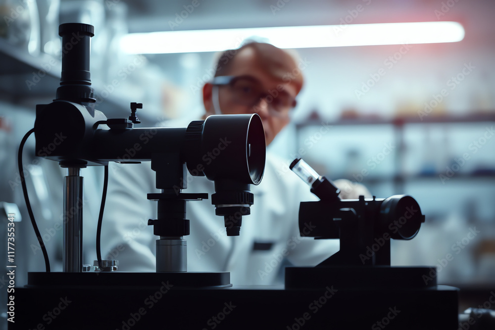 Researcher focused on an optical experiment, utilizing a microscope and ...