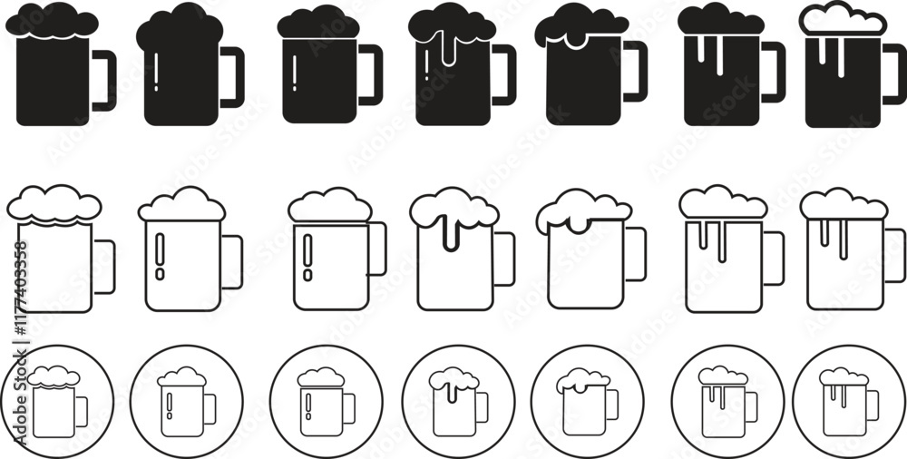 Depiction of frothy beer mug icon set isolated on transparent ...
