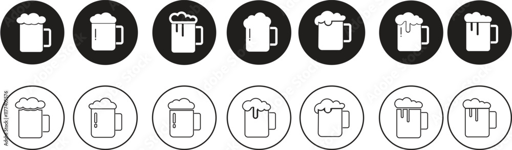 Depiction of frothy beer mug icon set isolated on transparent ...