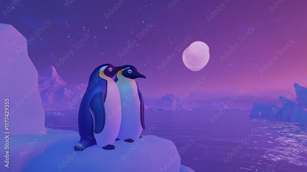 Two penguins cuddle on an iceberg under a purple night sky and full ...